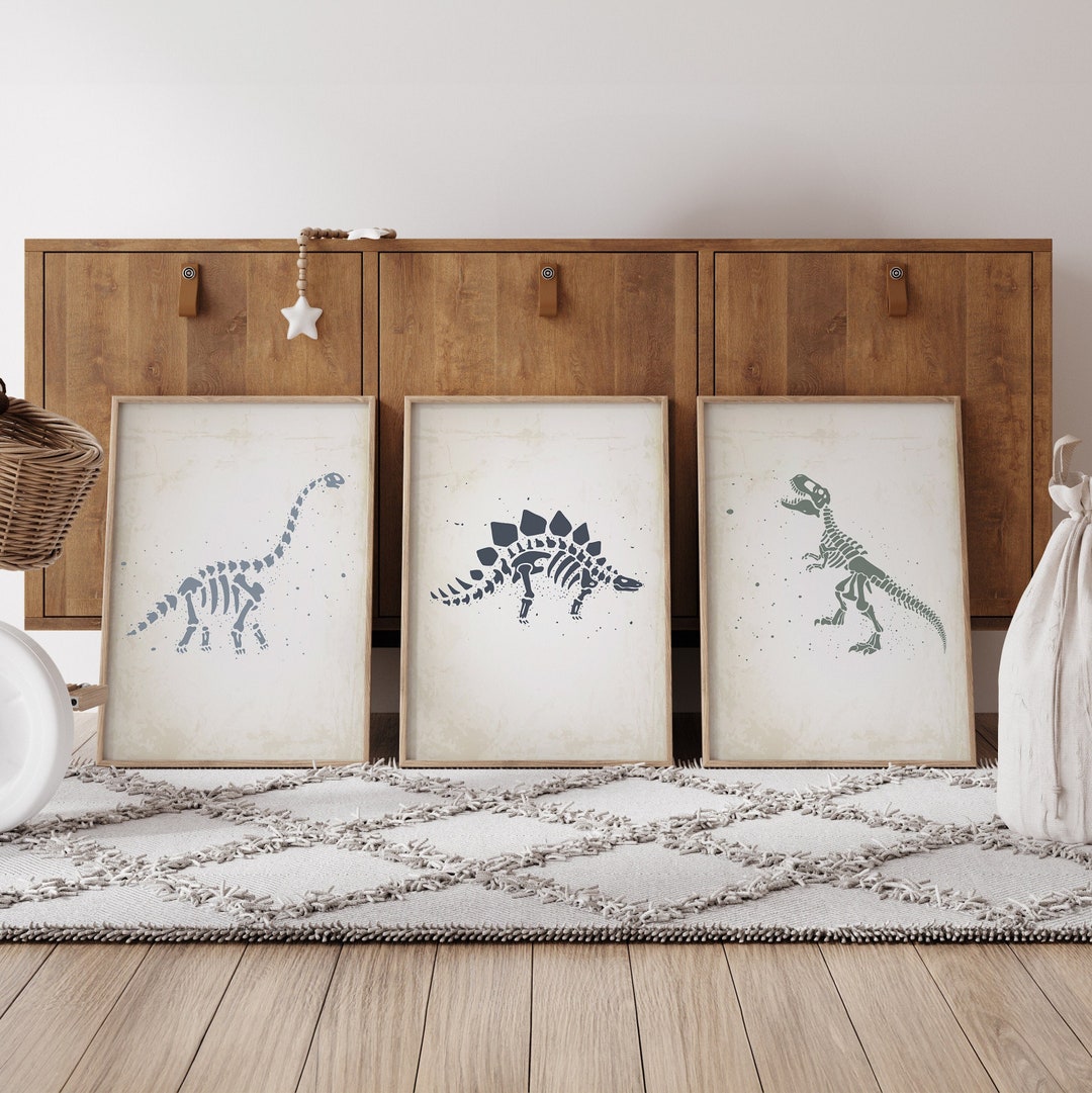 Dinosaur Prints Set of 3, Dinosaur Skeleton, T-rex, Stegosaurs ...