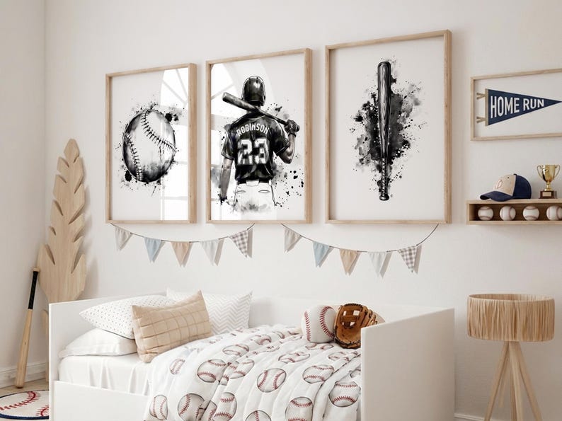 Personalized Baseball Wall Art Set of 3 Prints - Custom Name & Number ...