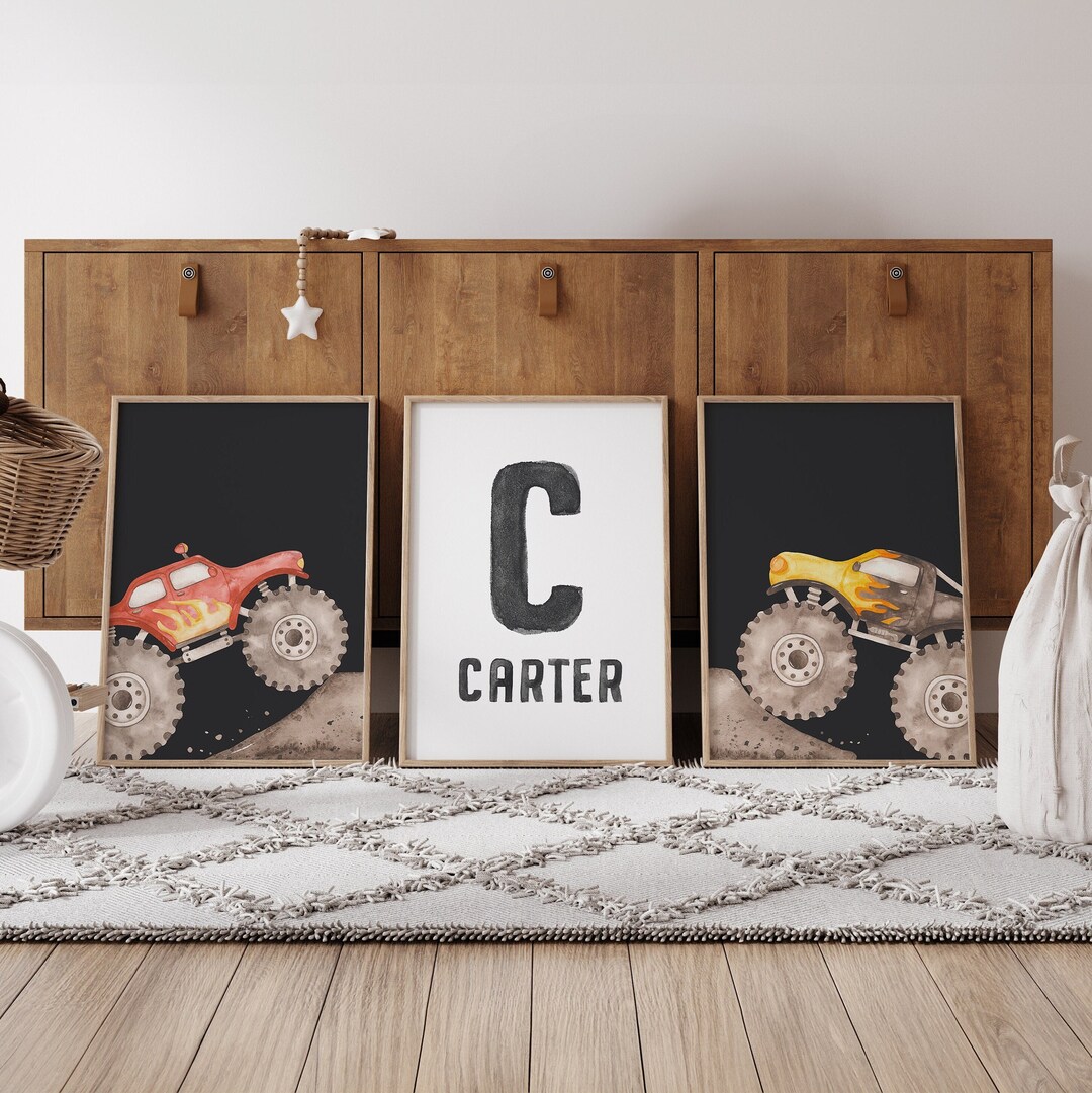 Monster Trucks Wall Art, Personalized Set of 3 Prints, Watercolor ...