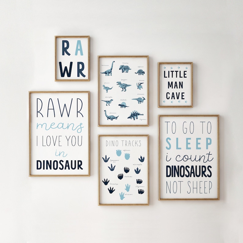 Dino Nursery Wall Art Navy Blue Printables Dinosaur Set 6 - Etsy