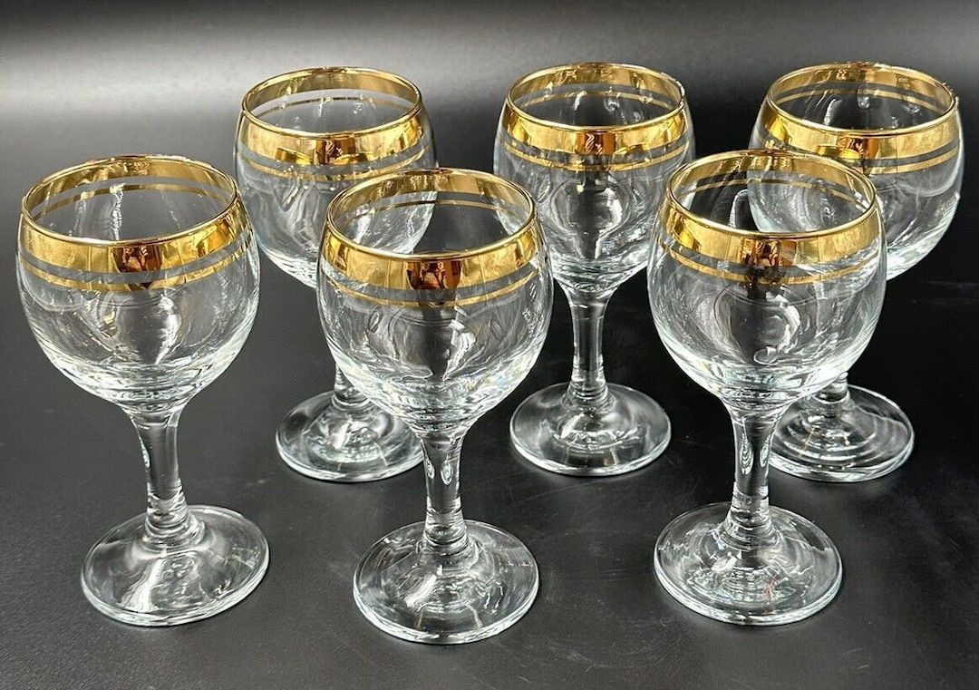 Vintage Crystal Mid-century Gold Double Banded Rimmed Wine Glasses With ...