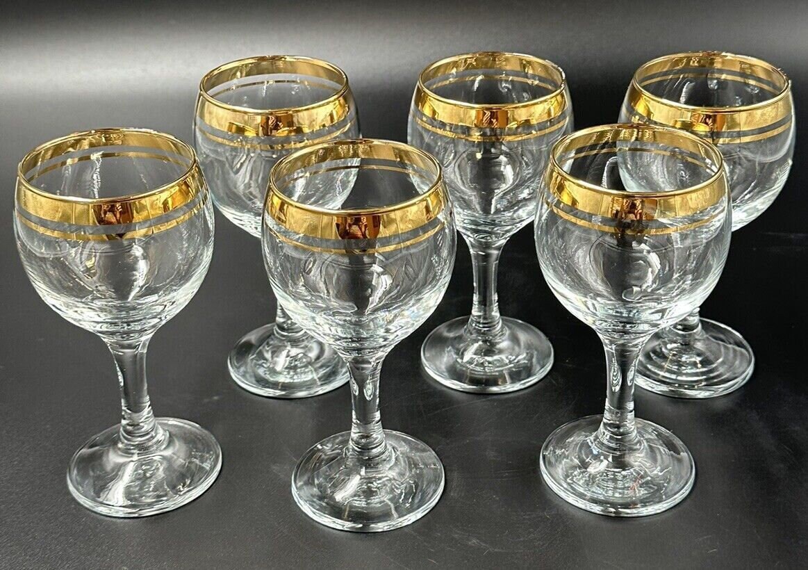 Vintage Crystal Mid-century Gold Double Banded Rimmed Wine Glasses With ...