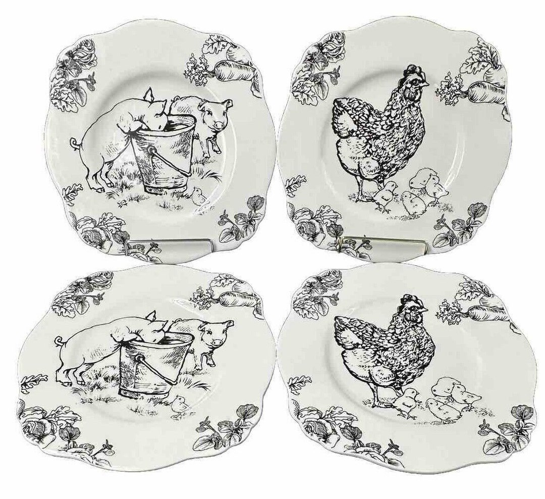 Andrea by Sadek Barnyard Toile Ceramic Luncheon Plates 2 Pig 2 Chicken ...