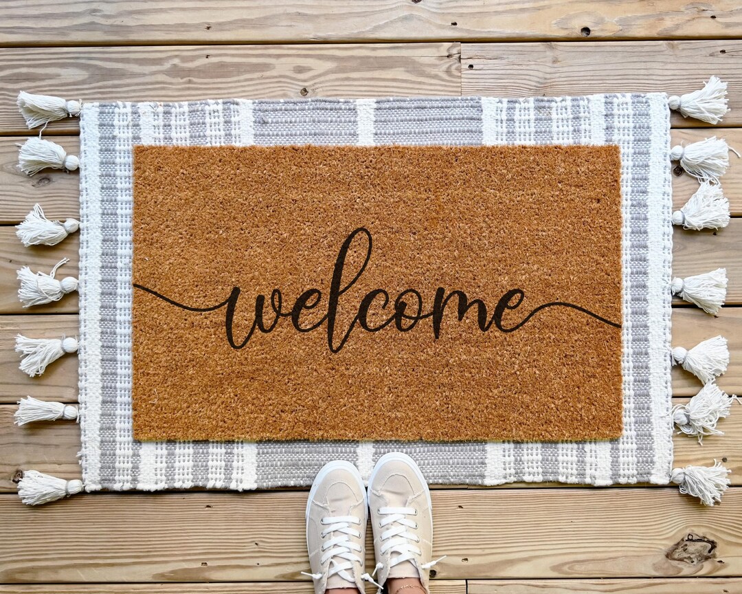 Welcome Cursive Script Door Mat, Welcome Doormat, Front Porch Decor ...
