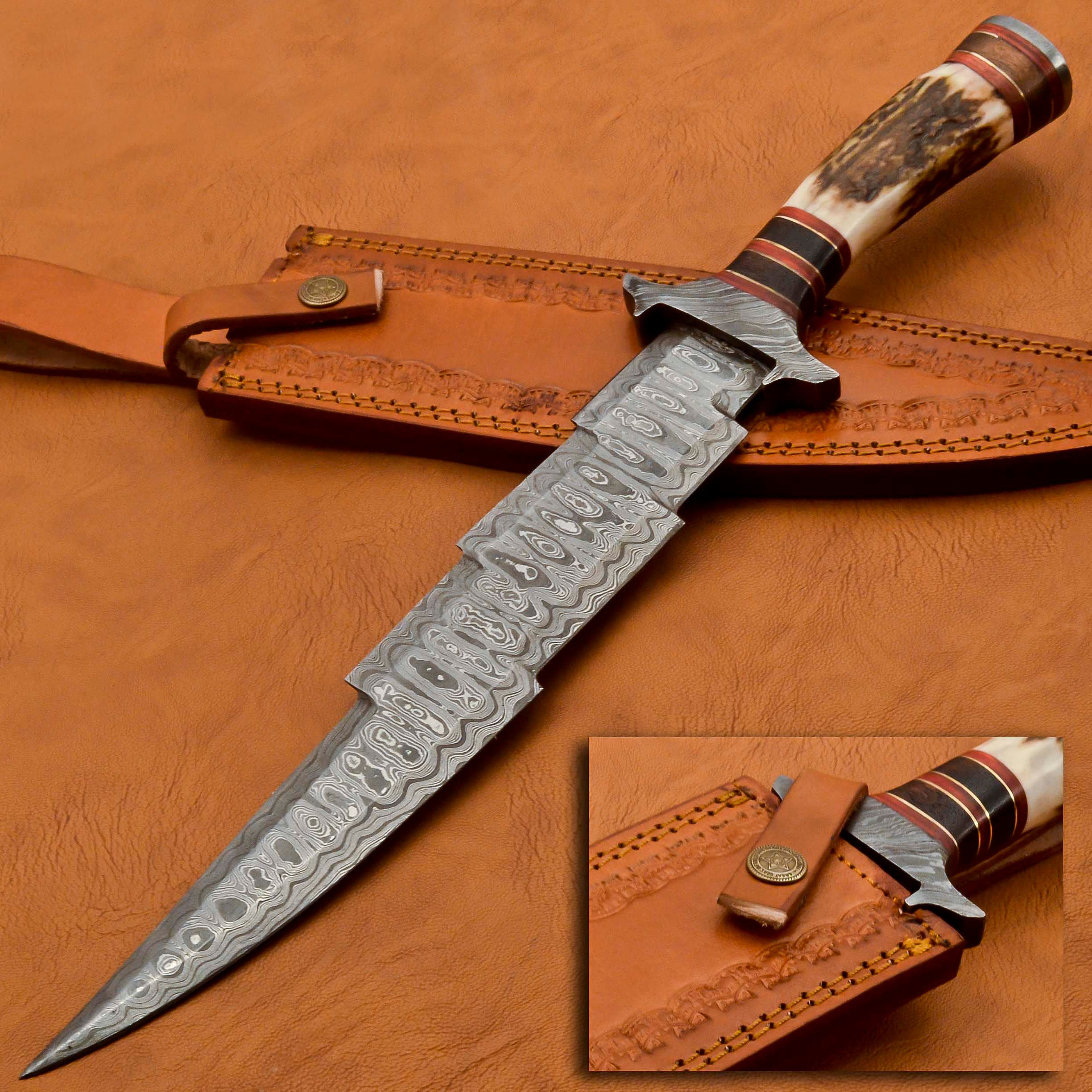 Custom Damascus Fighter Kris Dagger Hunting Knife | Stag Antler Handle ...