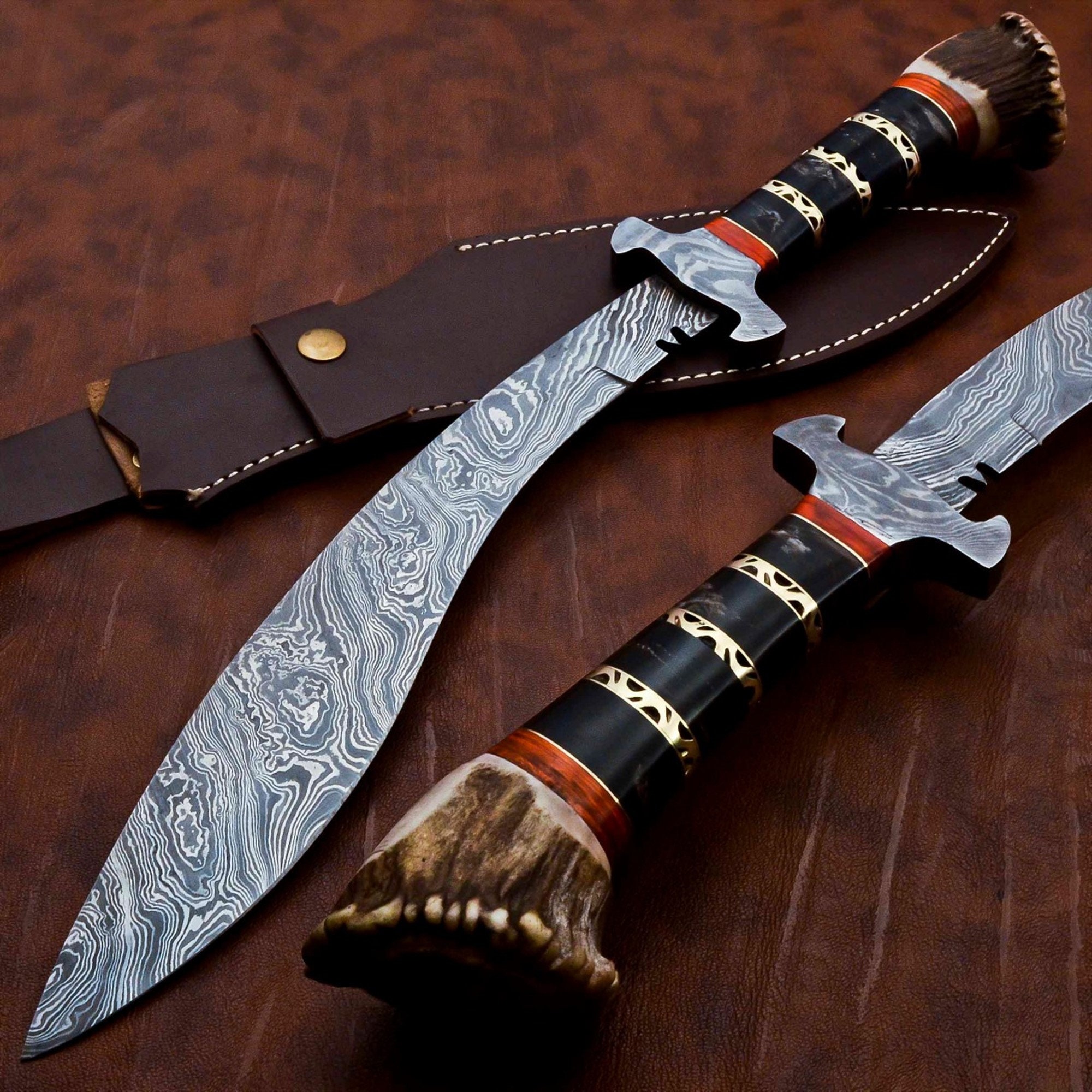Rare Custom Damascus Custom Art Kukri Knife Stag Antler Handle (K-400 ...