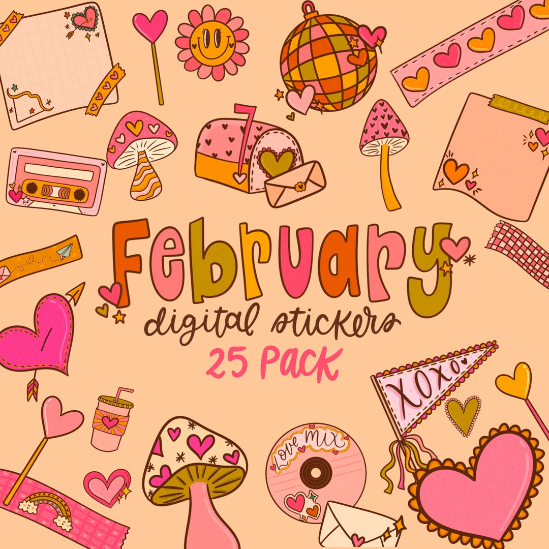 February Digital Stickers / Valentines Clipart / Hand Drawn Valentine ...