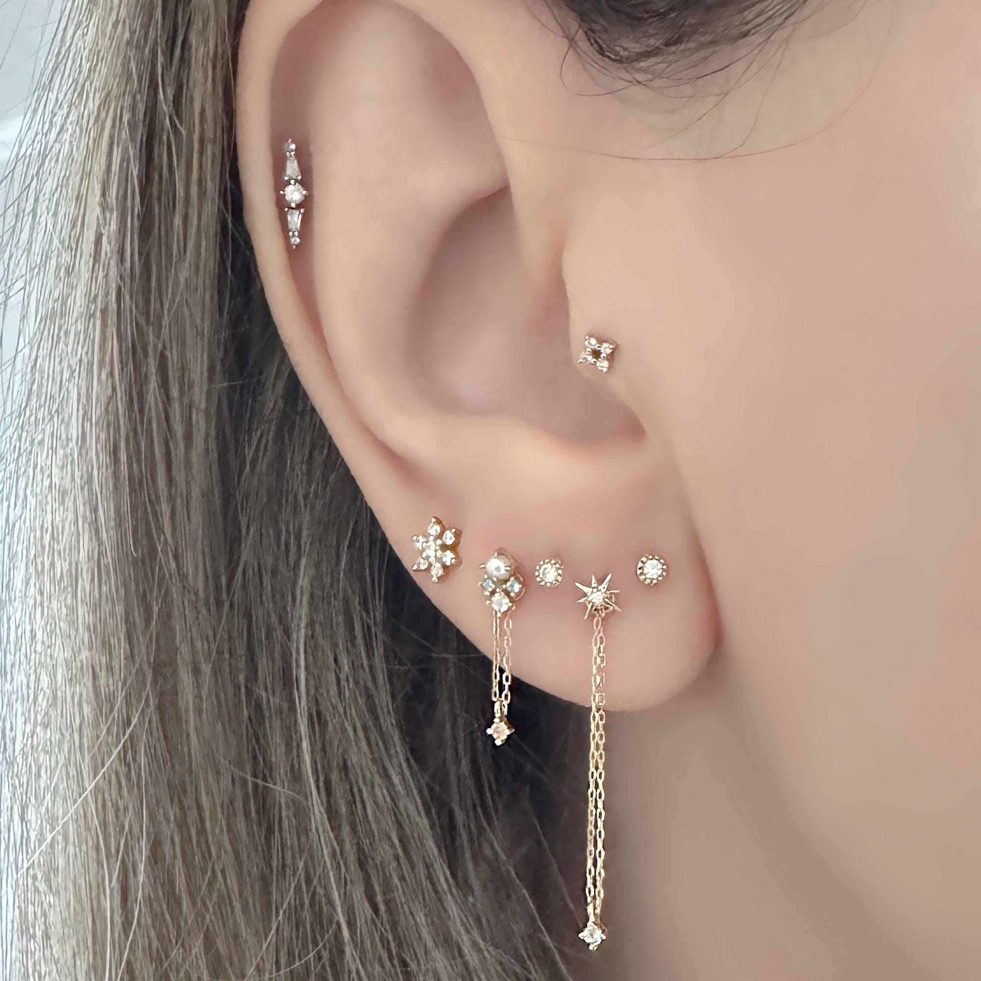 14k Gold Helix to Lobe Connector: White Topaz Double Piercing Connected ...