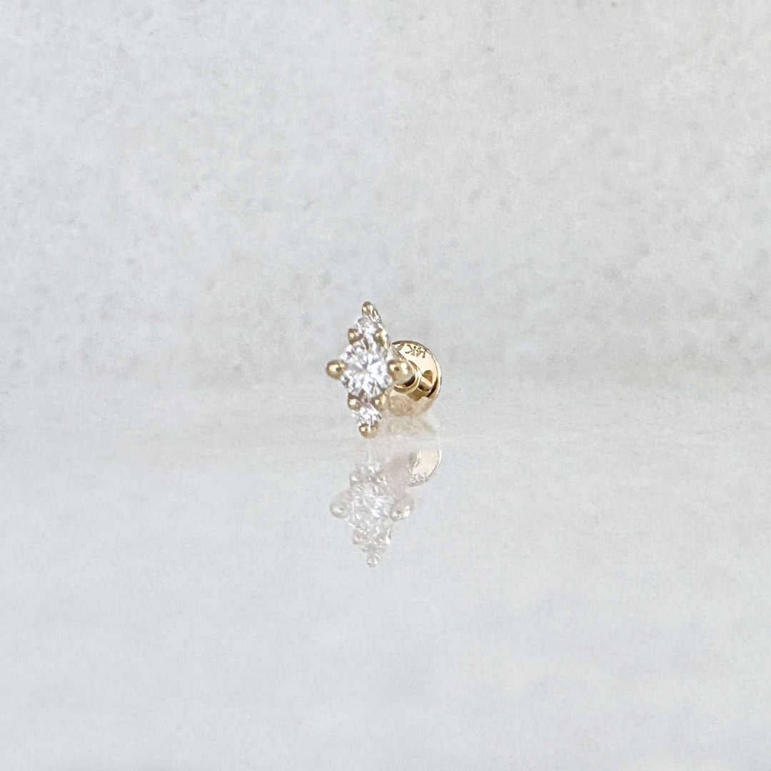Diamond Flat Back Earring: 14k Gold 3-stone Cartilage Piercing Stud - Etsy