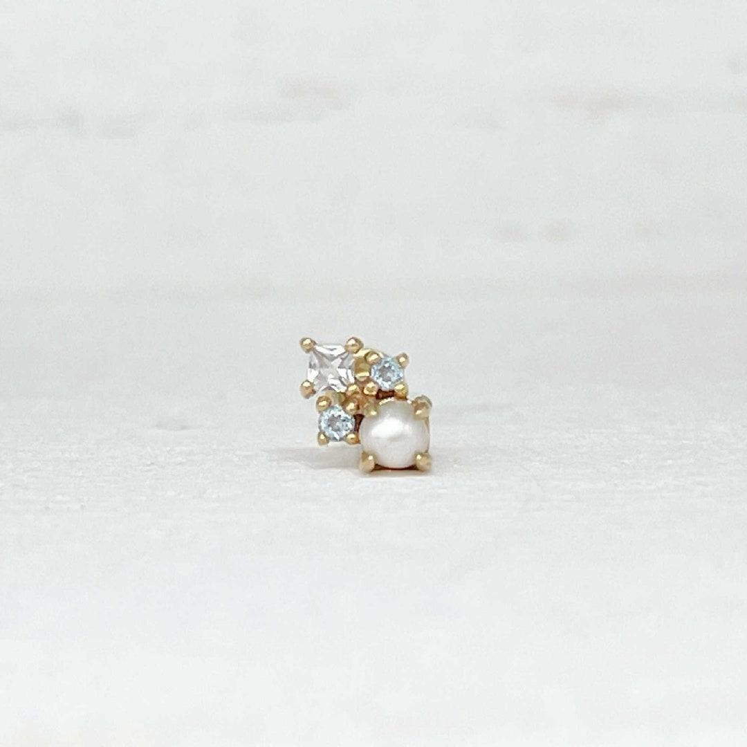 Pearl Flatback Cartilage Stud, 14k Gold & Topaz Helix or Conch Nap ...