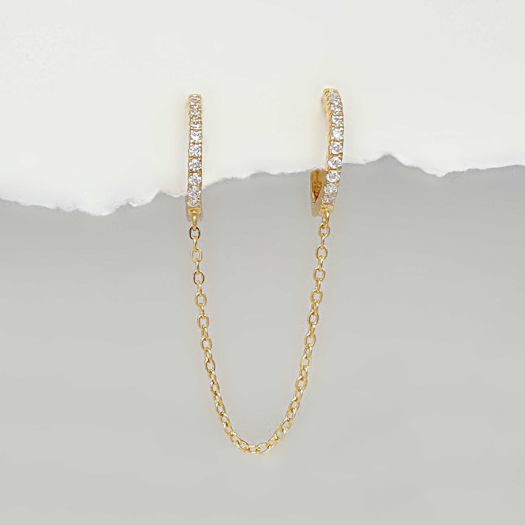 Gold Chain Connected Hoop Earring: Double Piercing Huggies, Helix to ...