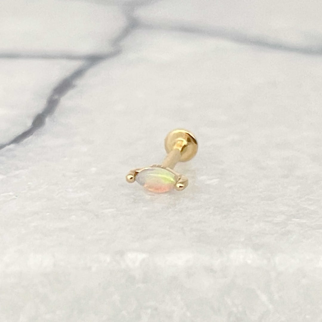 Opal Flat Back Cartilage Earring, 14k Stud for Helix, Tragus, Conch or Lobe, Solid Gold and ...