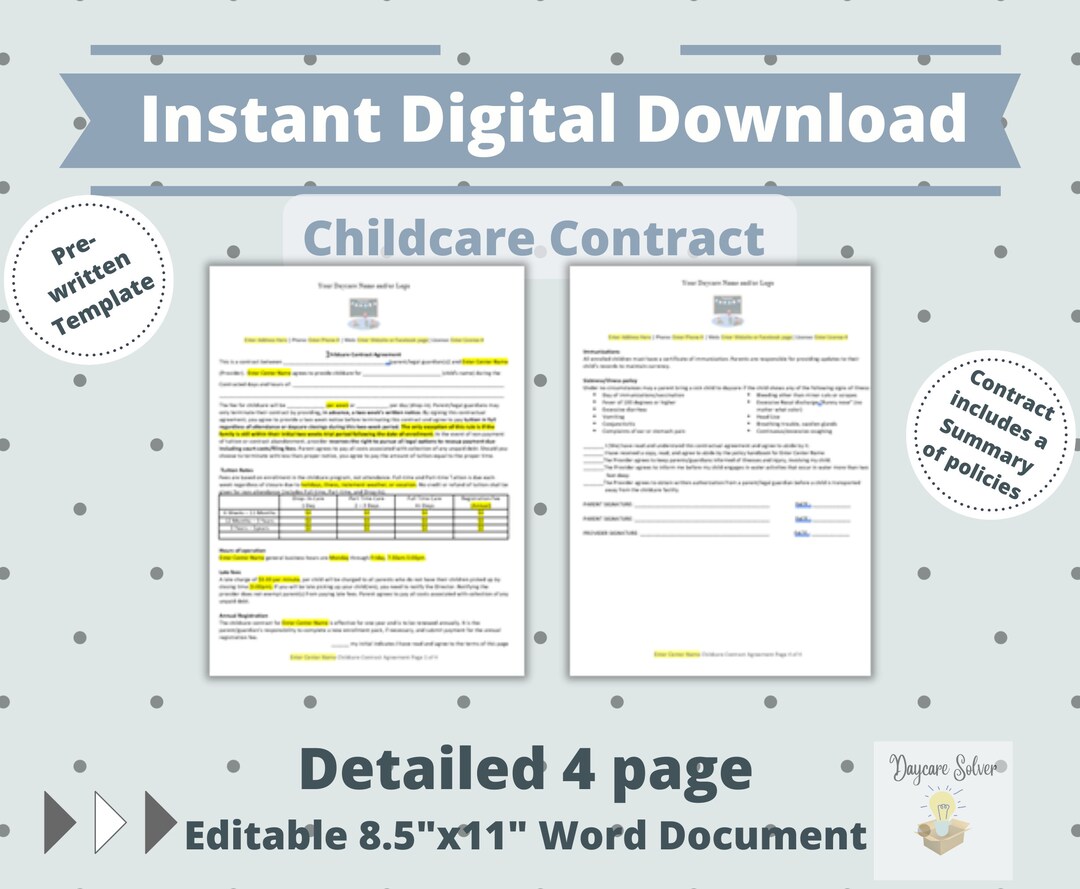 Childcare Contract Parent Agreement Great for Family Daycare and Large ...