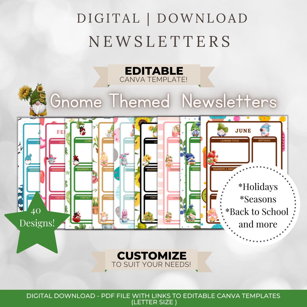 Gnome Themed Newsletters| Monthly Newsletter| Whole Year| Template| for ...