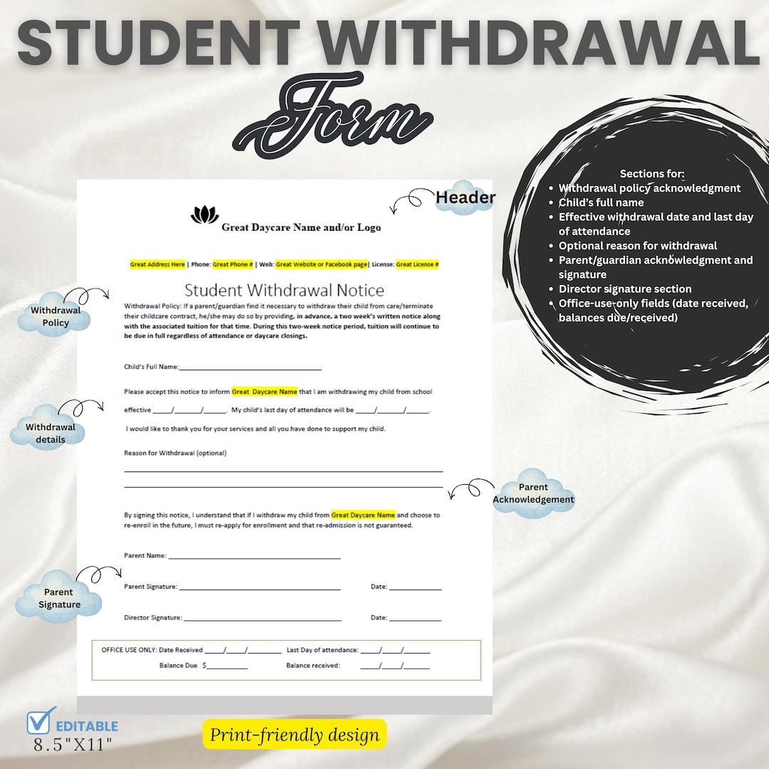 Editable Student Withdrawal Notice for Daycare | Childcare Termination ...