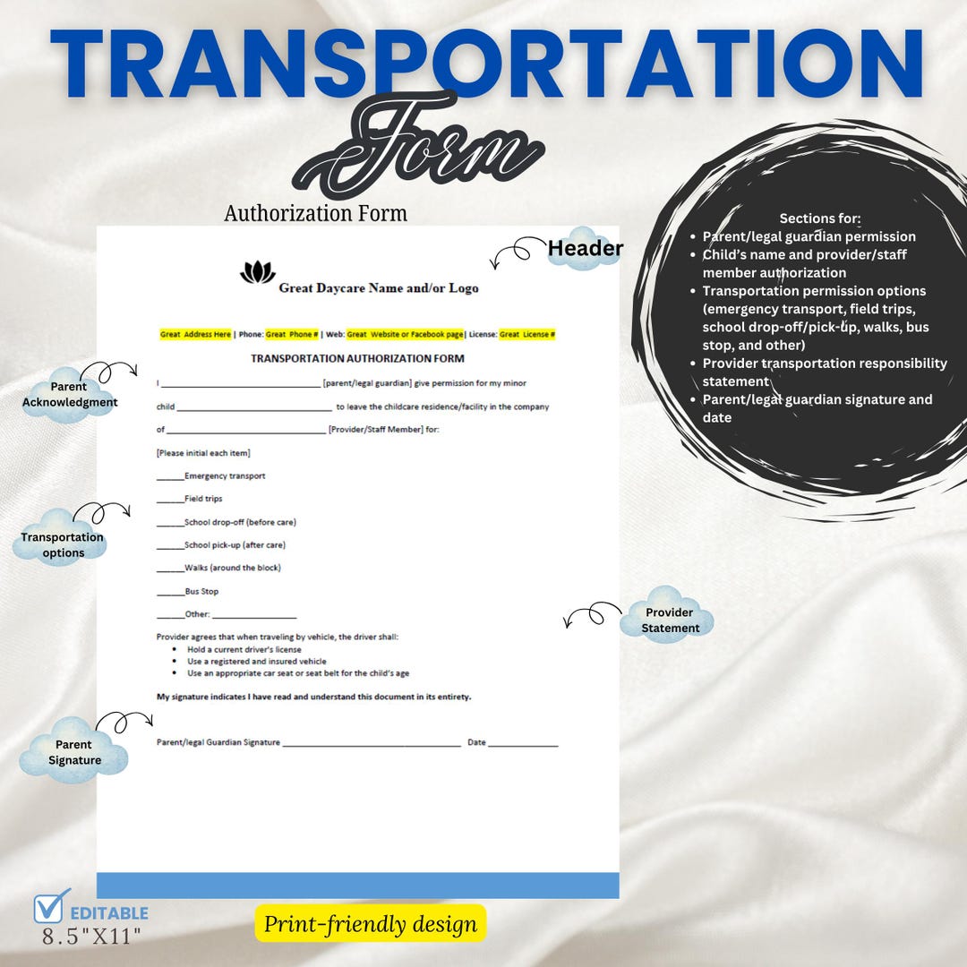 Editable Transportation Authorization Form for Daycare | Childcare ...
