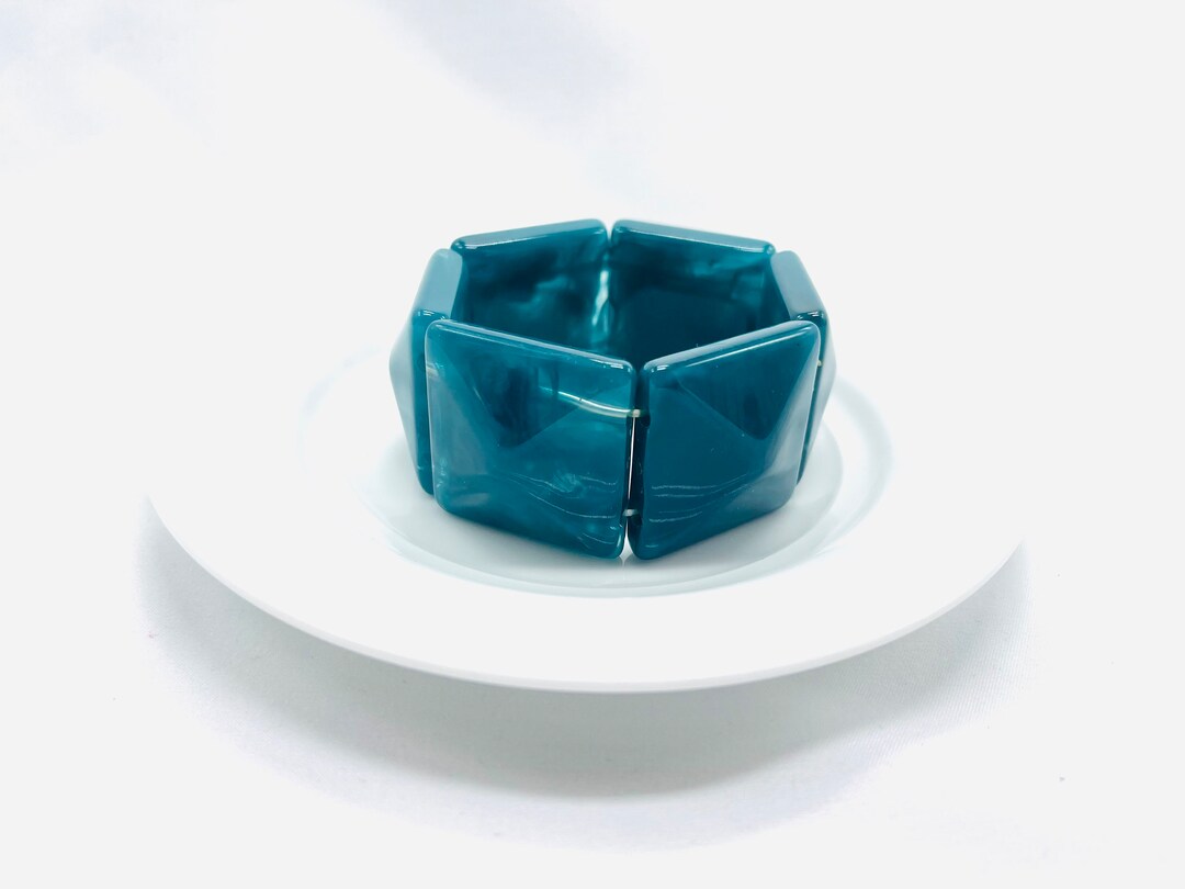 Vintage Stretch Turquoise Lucite Bangle - Unusual Marbled Square Shaped ...