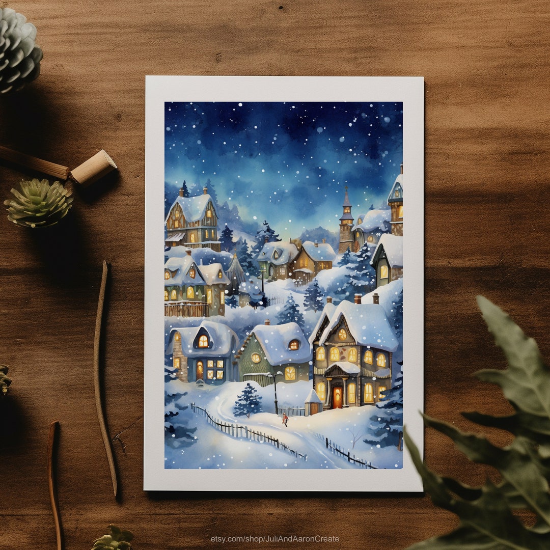 Christmas Winter Village Fine Print Png | Watercolor Print | Art | 5X7 ...