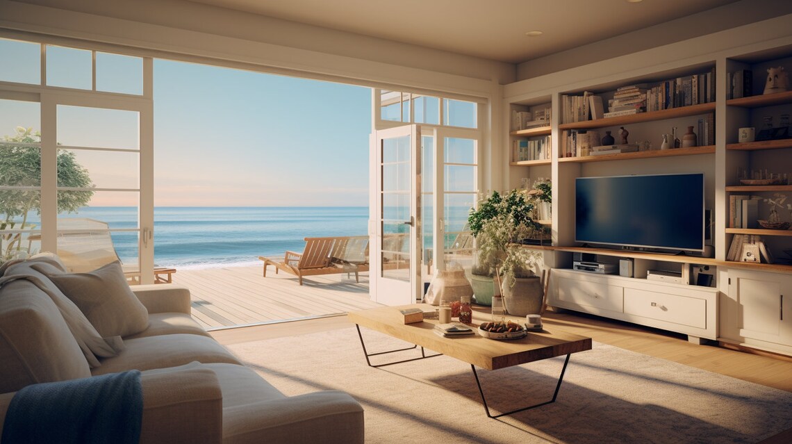 Spacious Living Room Ocean View Professional Virtual Background Bundle ...