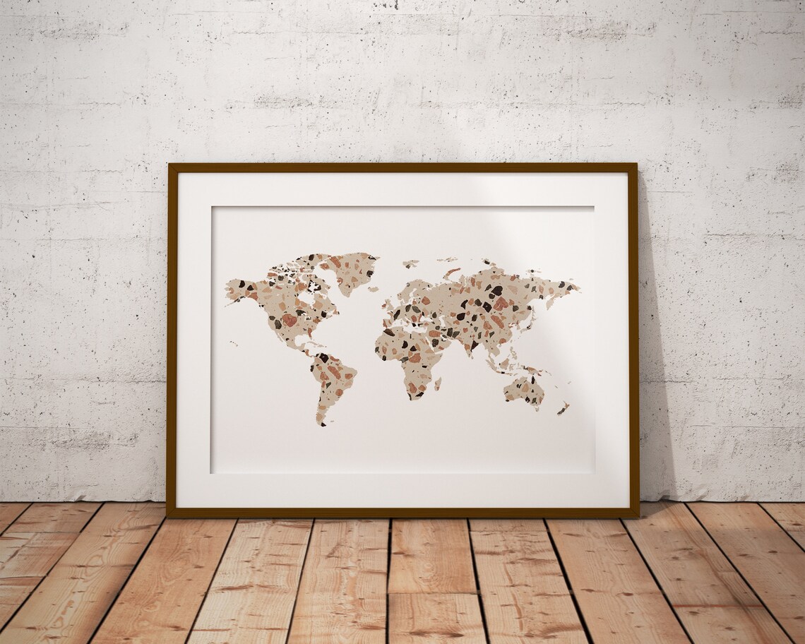 Terrazzo World Map Poster, Stone Texture Wall Art, World Atlas Map ...