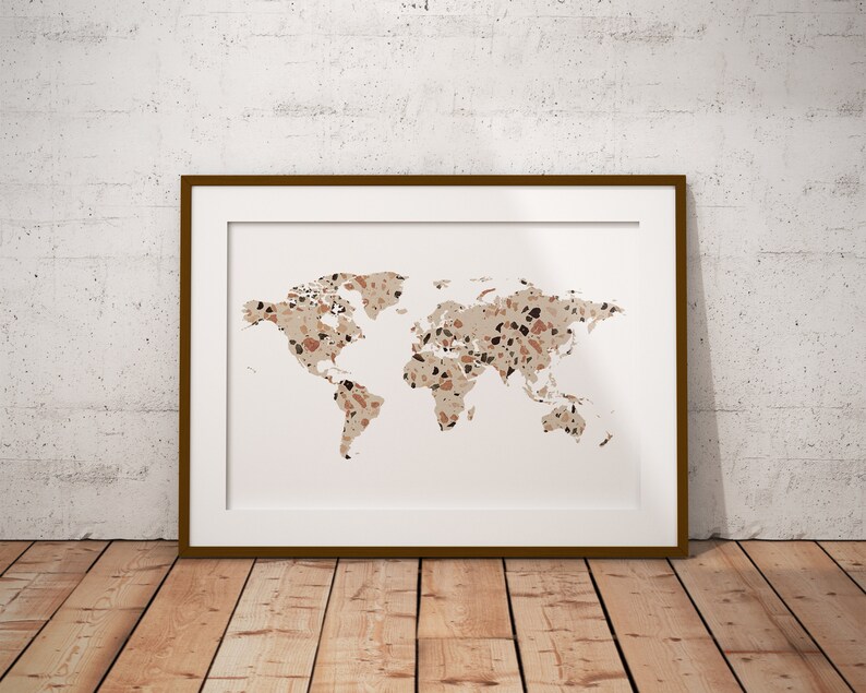 Terrazzo World Map Poster, Stone Texture Wall Art, World Atlas Map ...