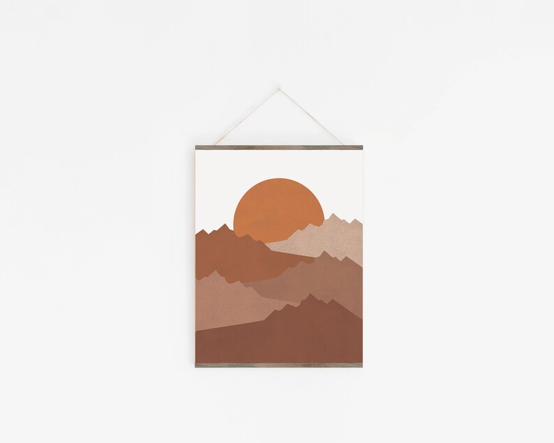 Burnt Orange Abstract Landscape Art Print, Sunrise Mountain Poster, Sun ...