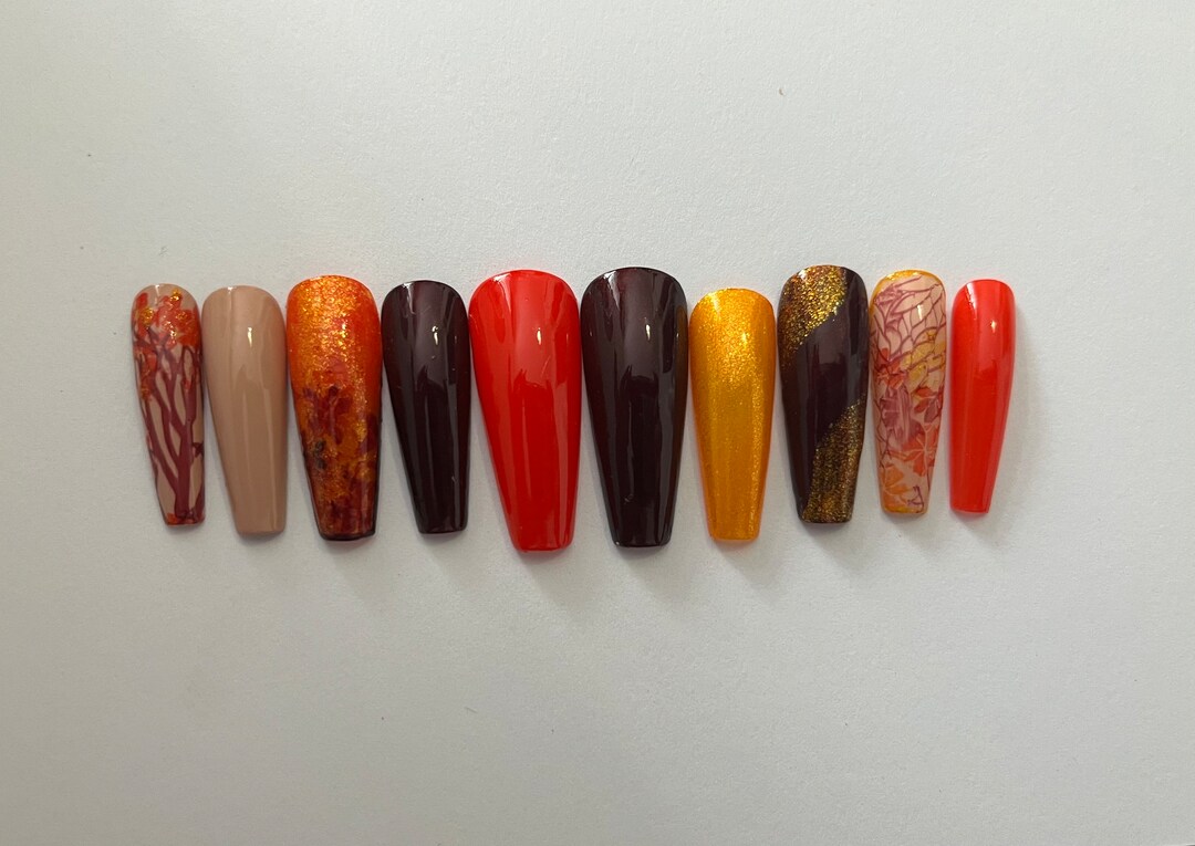 Fall Themed Press-on Nails Coffin Shape Size Medium - Etsy