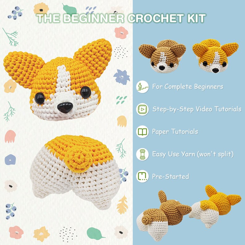 NICEEC Corgi Crochet Kit for Beginners Yarn Crochet Animal Kit for ...