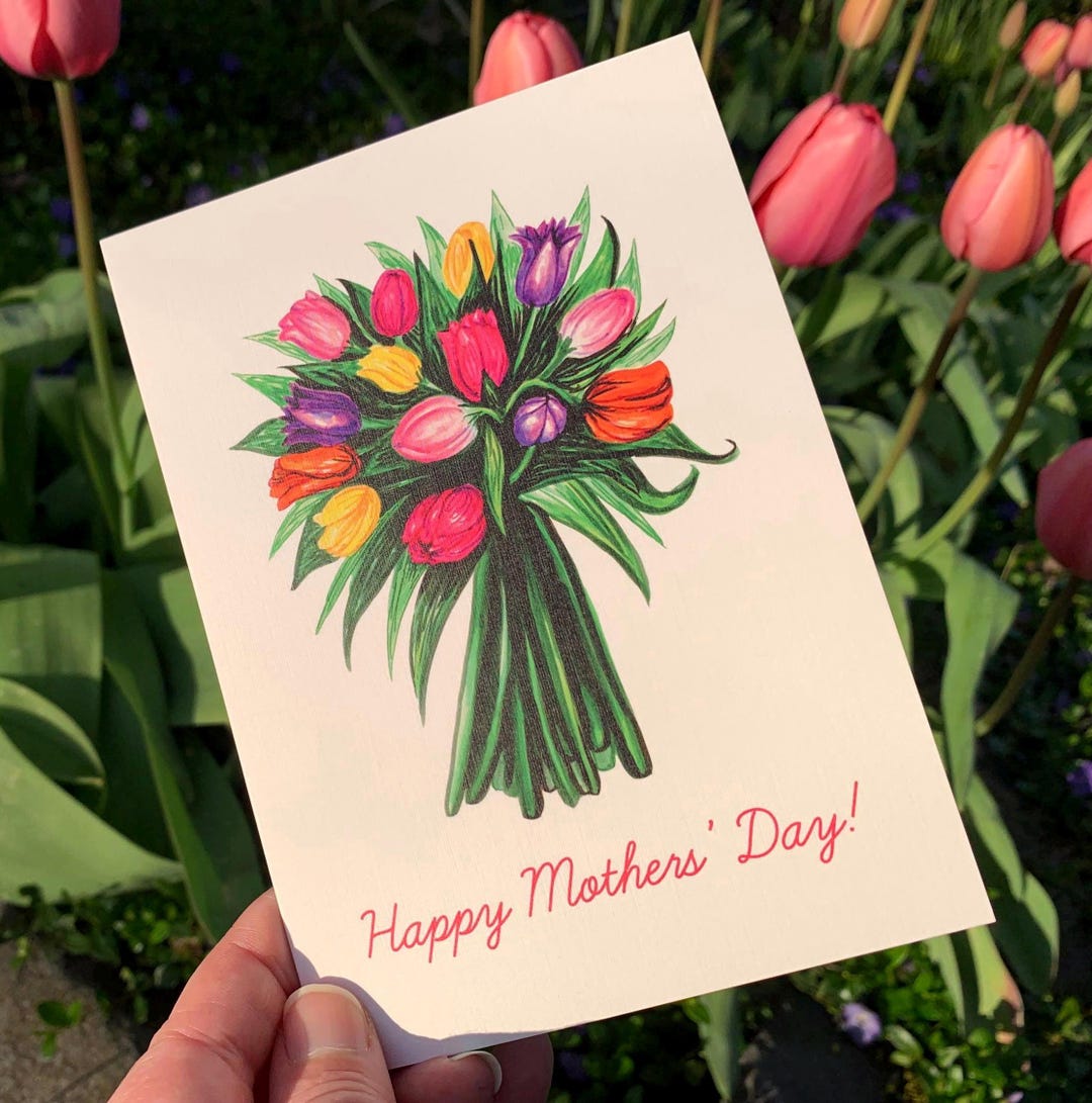 Mothers' Day Hand Drawn Tulip Bouquet Card—blank Inside for Your Custom ...