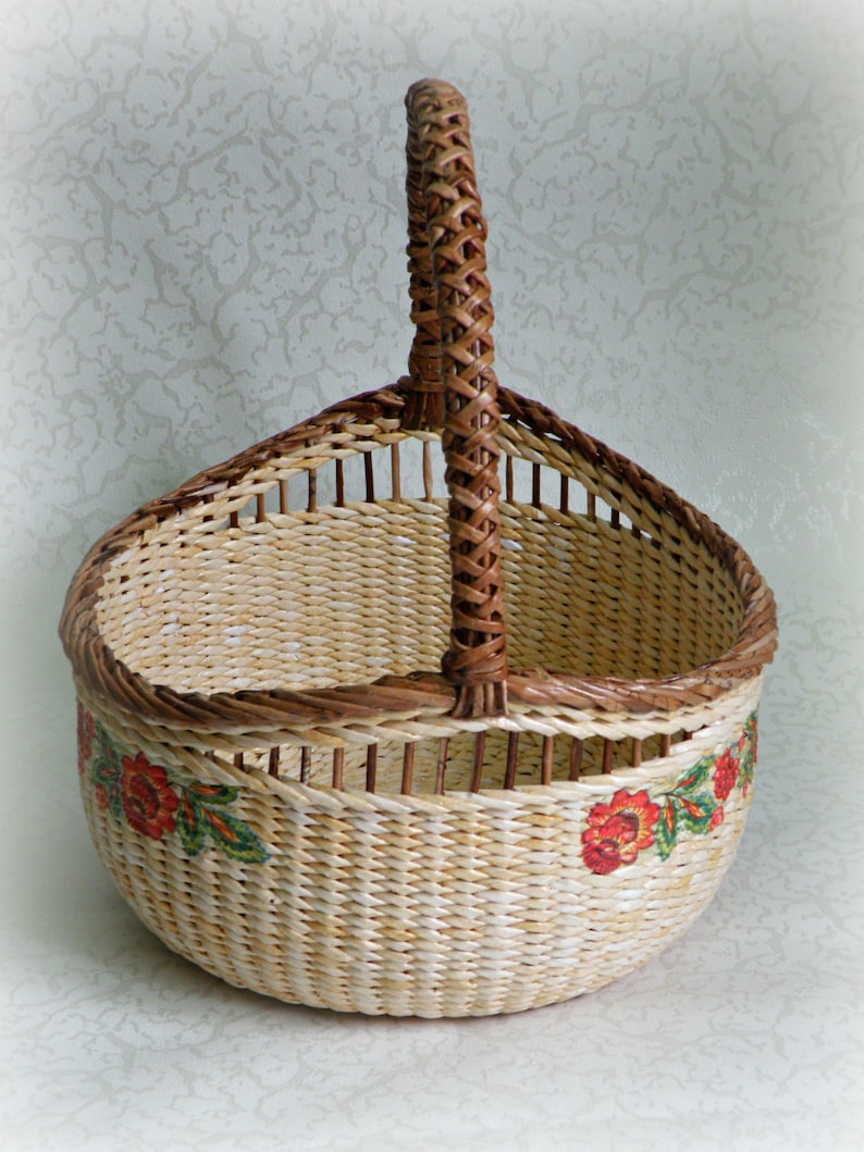 Round Beige Basket With Handle Easter Wicker Basket Large - Etsy