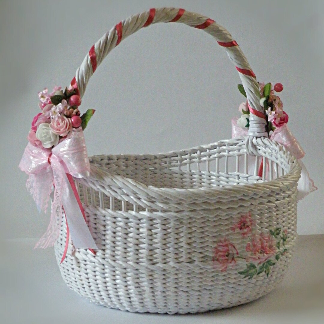 Easter Egg Wicker White Round Basket Easter Large Basket With Handle ...