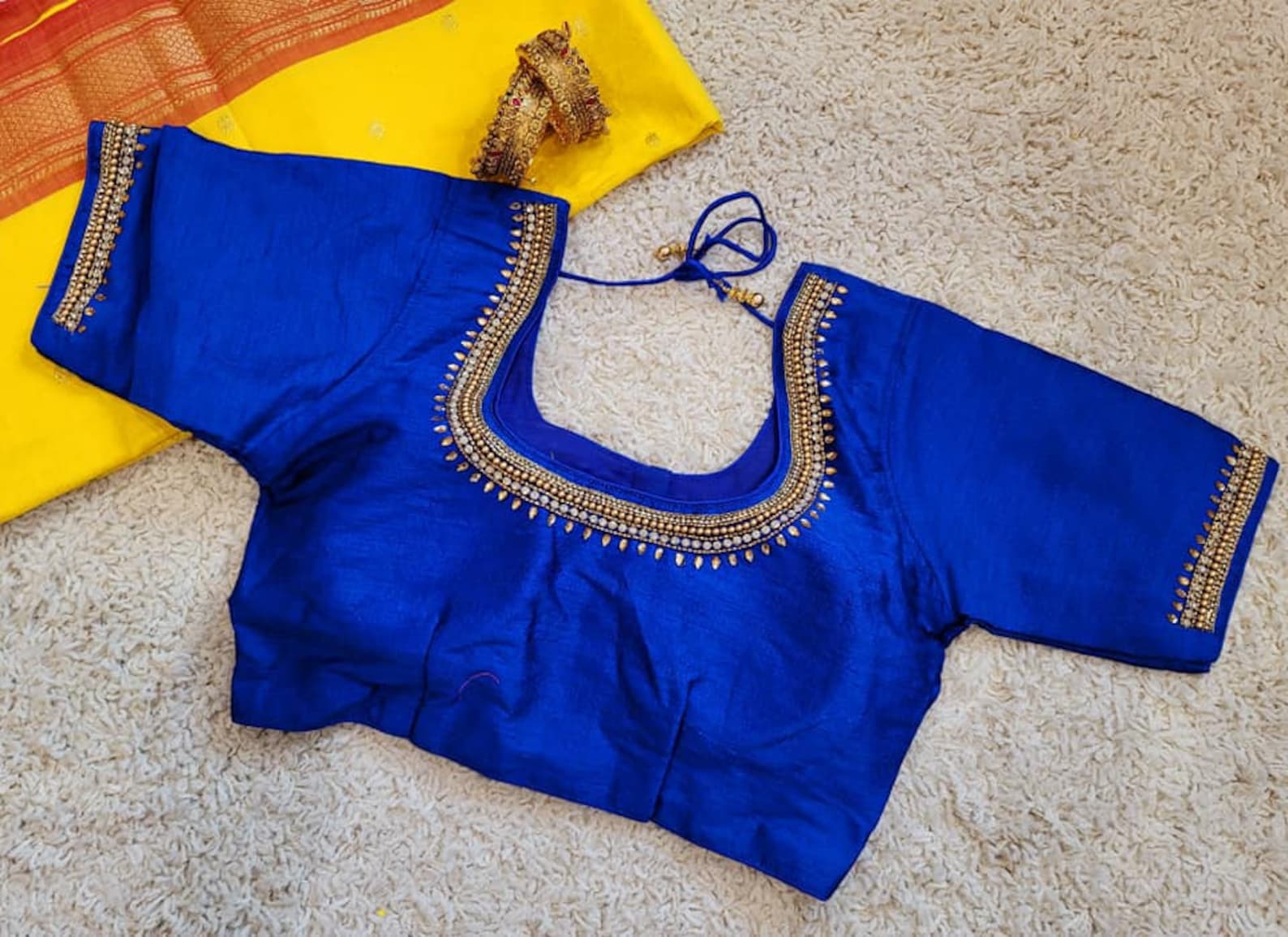 Collection of Shades of Blue Aari Work Blouse, Hand Made Blouse, Maggam ...