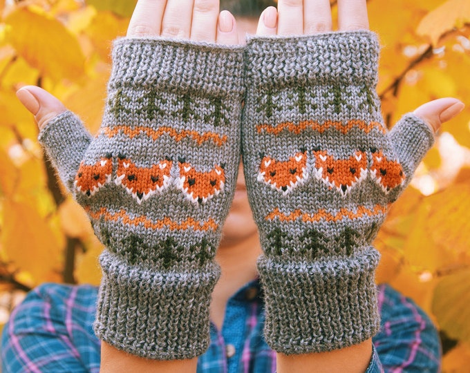 Fox Mittens Knitted Gloves Gray Mittens Fox Lover Gift Wool Arm Warmers ...
