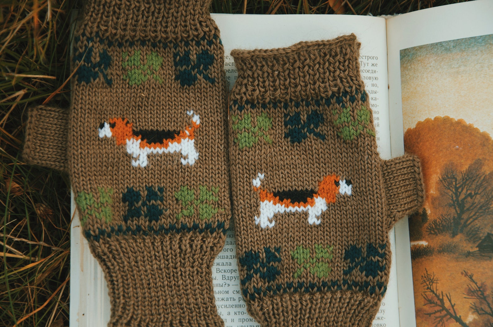 Knitted Wool Mittens Beagle Gift Fingerless Gloves Brown Arm - Etsy