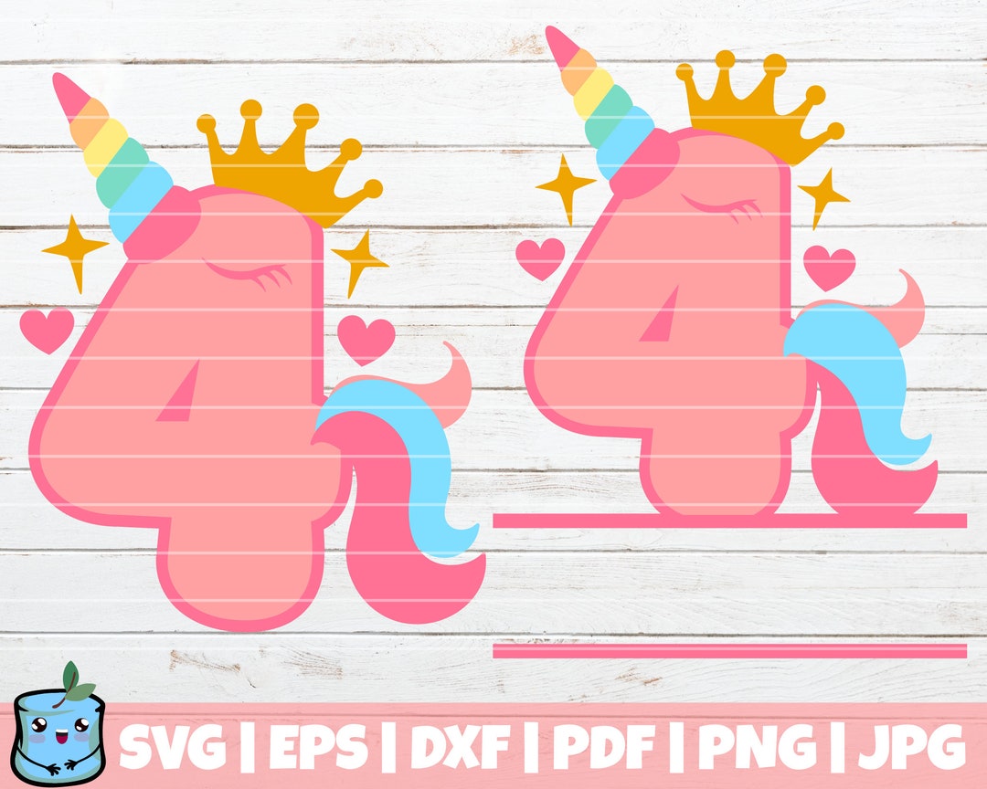Unicorn Birthday Number Four SVG Cut File Split Monogram SVG Commercial ...