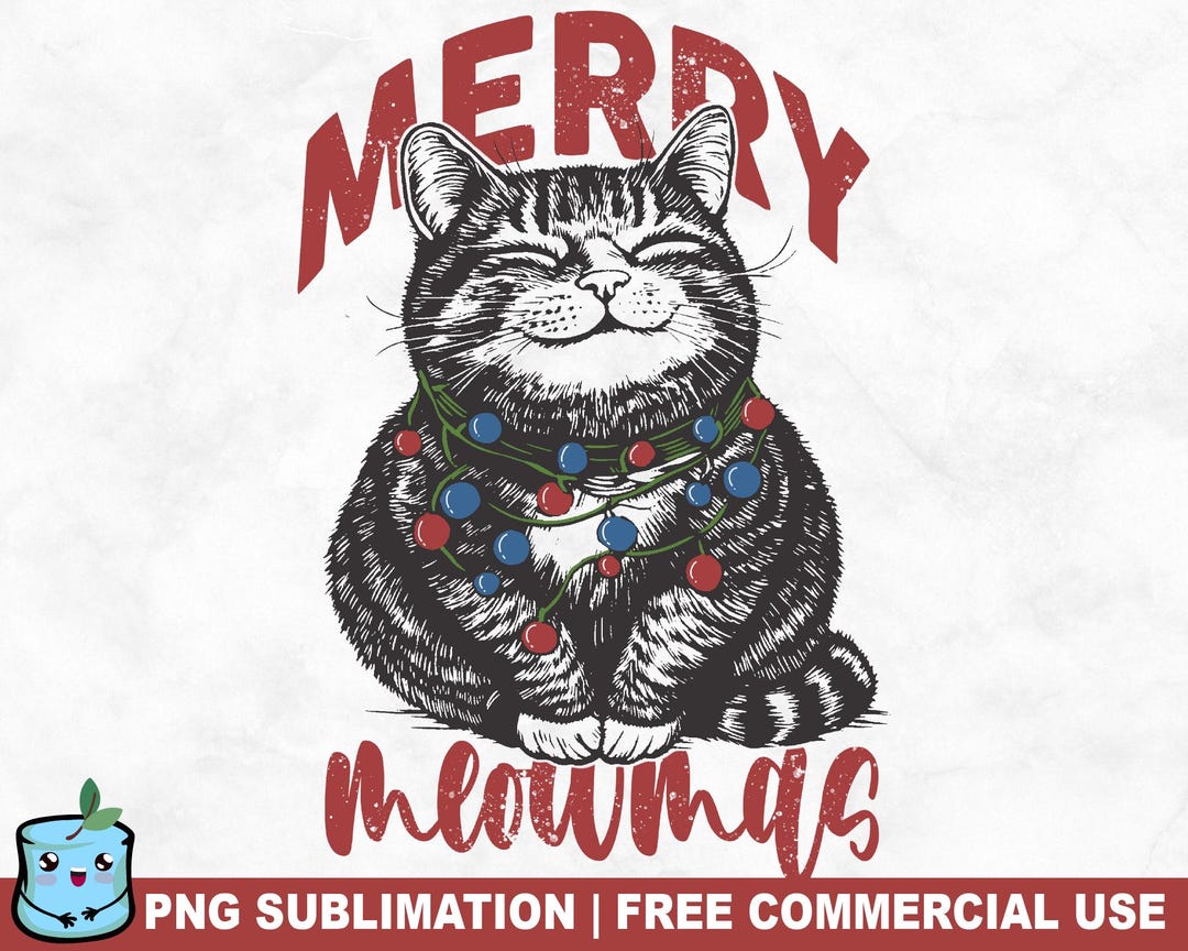 Merry Meowmas Sublimation Design | Retro Christmas Cat | PNG Clip Art ...