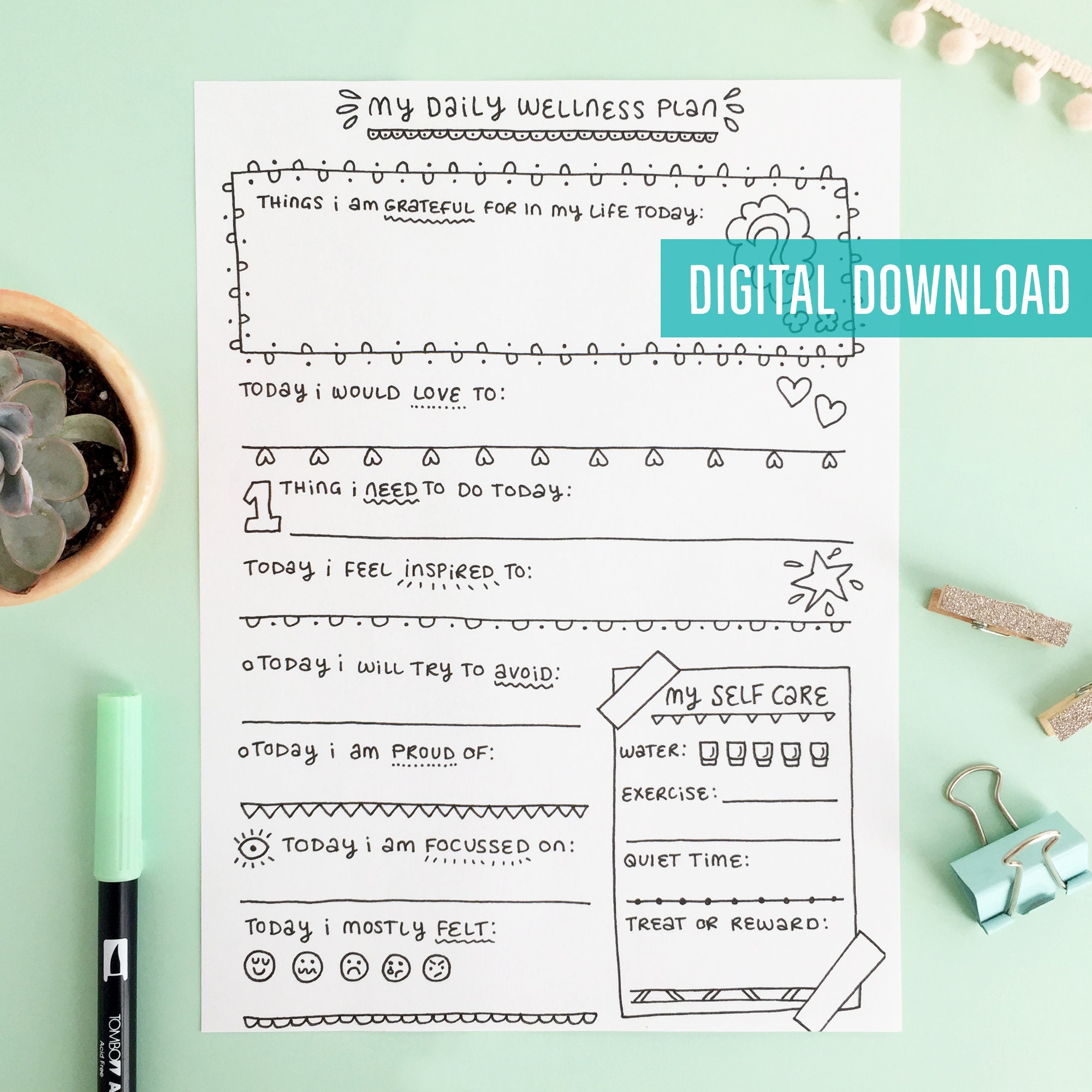 Daily Wellness Planner Printable PDF Download Self-care and Wellbeing ...