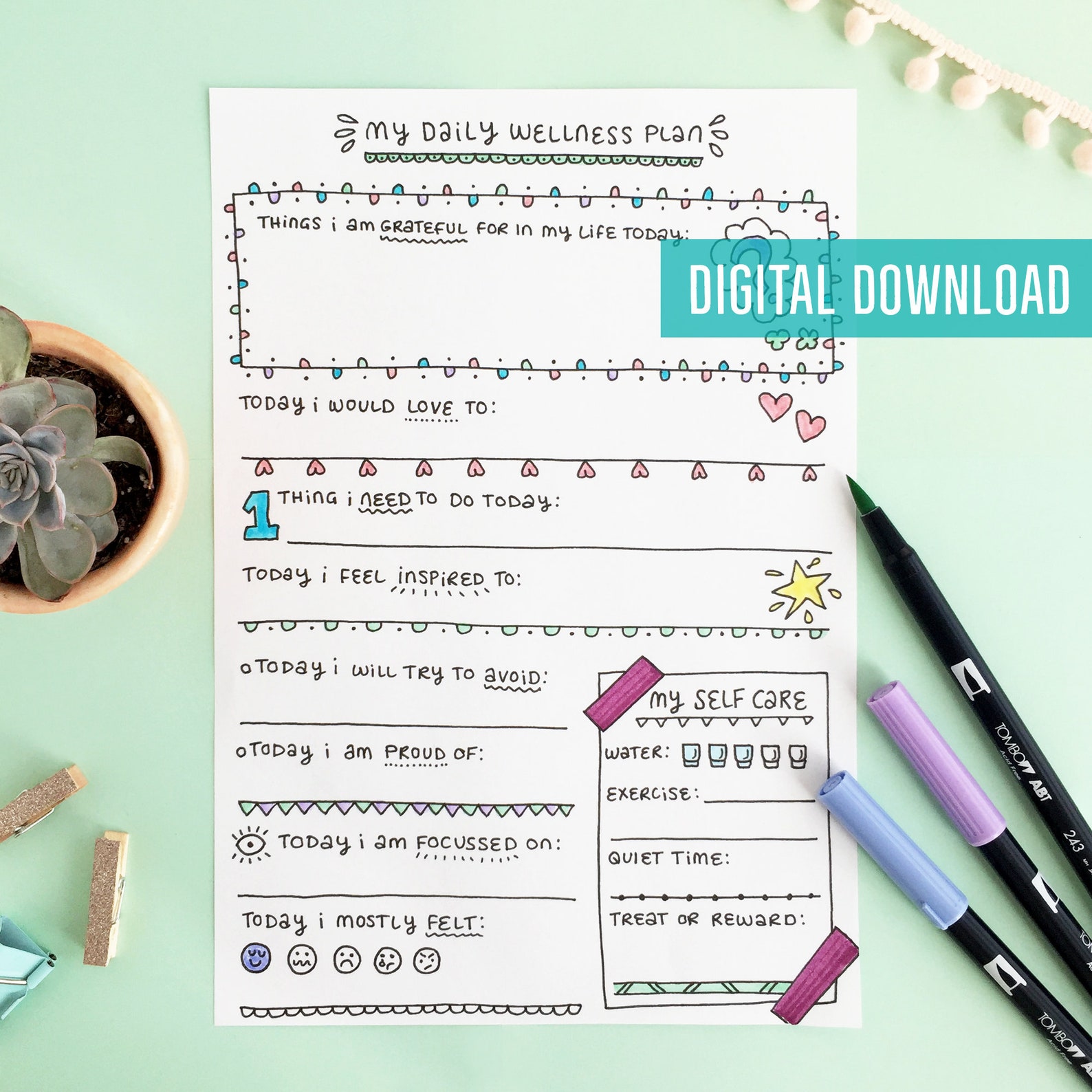 Daily Wellness Planner Printable PDF Download Self-care and Wellbeing ...