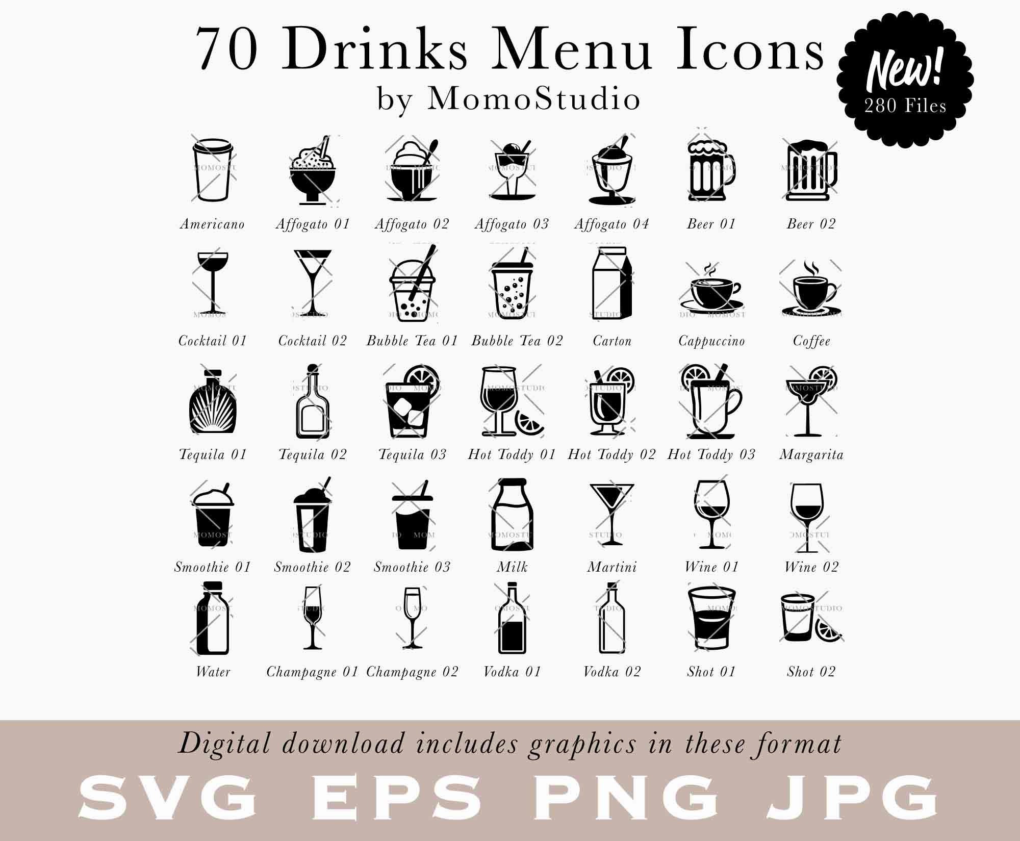 Drinks Menu Icons SVG EPS PNG Jpg Beer, Cappuccino, Champagne, Cocktail ...