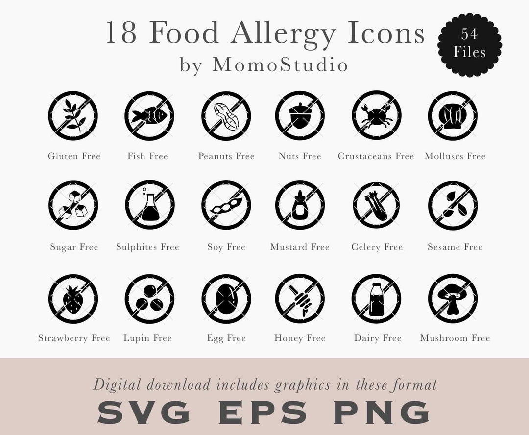 Food Allergy Icons: Gluten, Tree Nuts, Crustaceans, Fish, Dairy, Eggs ...