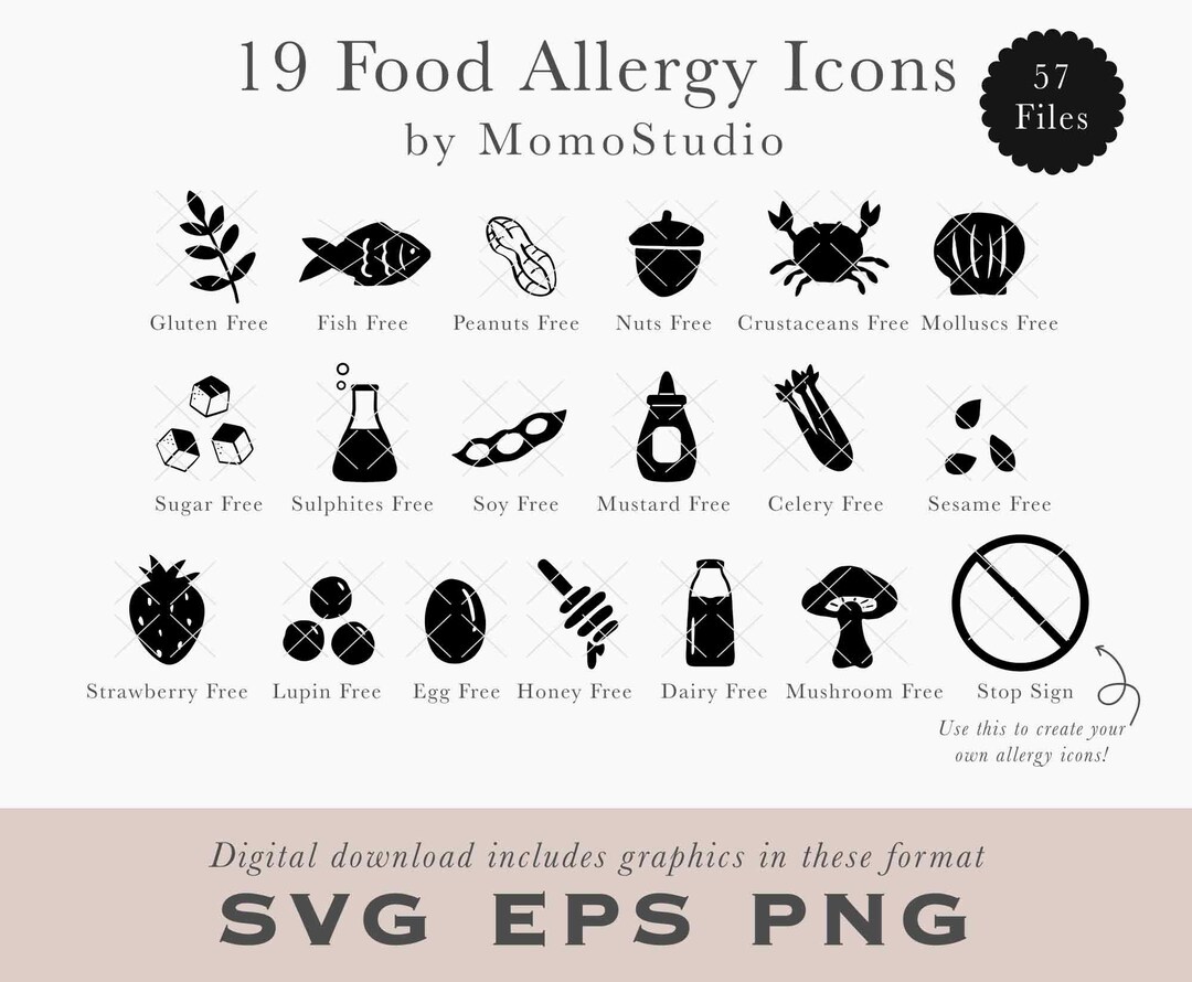 Food Allergy Icons: Gluten, Tree Nuts, Crustaceans, Fish, Dairy, Eggs ...