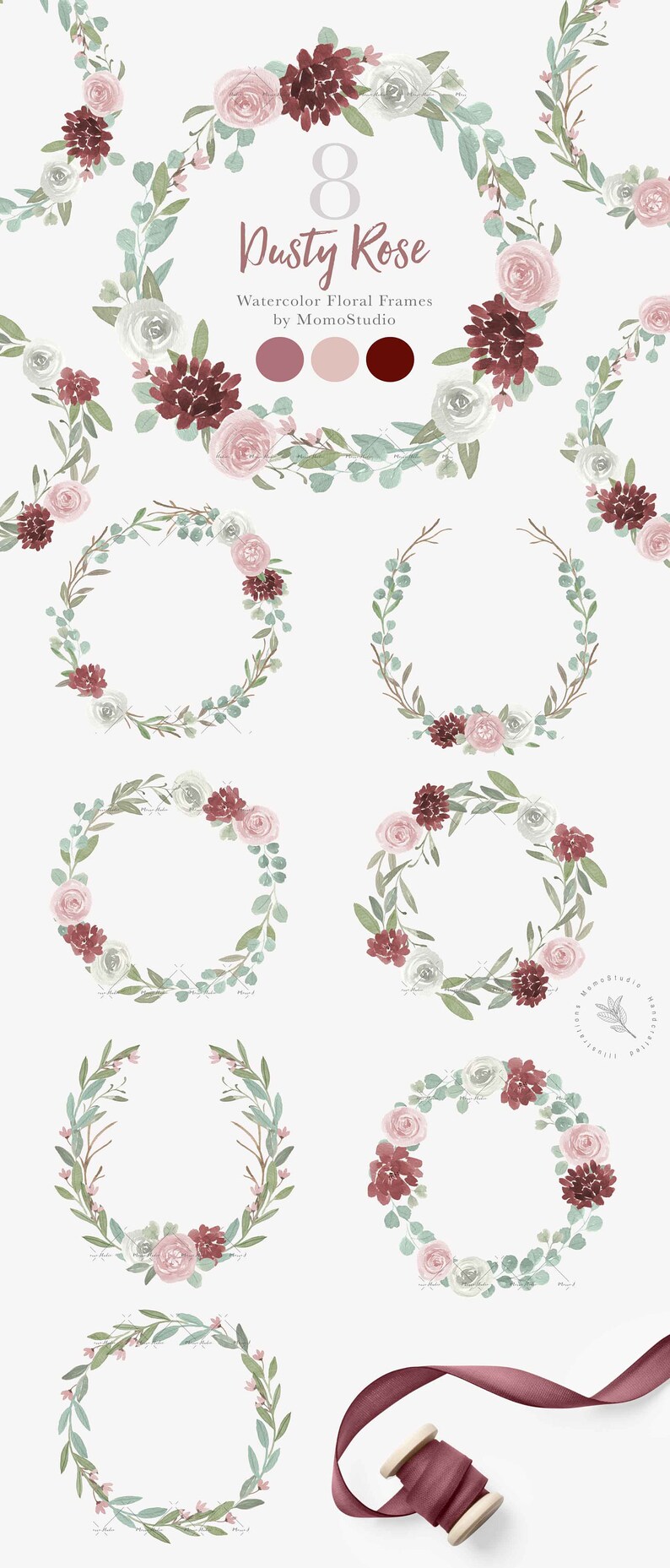 Dusty Rose Burgundy Watercolor Floral Wreaths Clipart Fall | Etsy