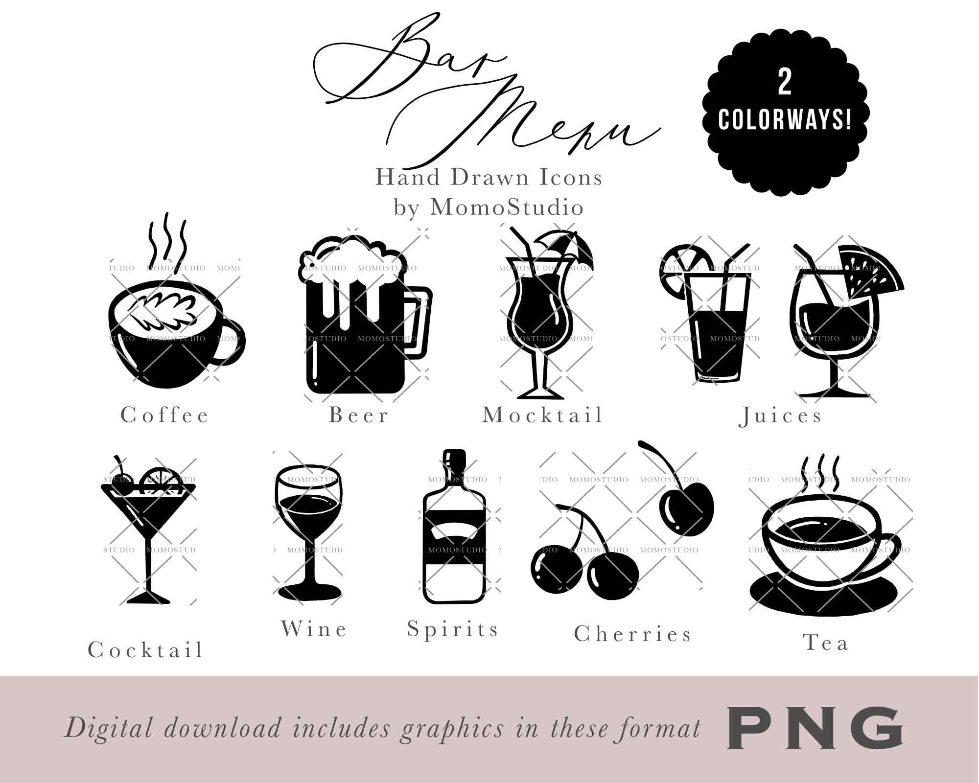 Bar Menu Icons, Beer, Cocktail, Juice, Mock Tail, Spirits, Coffee, Tea ...