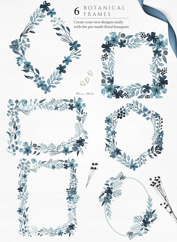 Watercolor Floral Frames INDIGO Blue Floral Frames Wedding | Etsy