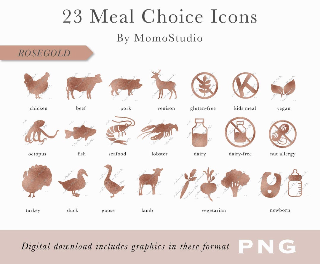 Rose Gold MEAL CHOICE Icons Beef Vegetarian Pork Seafood Vegan Gluten ...