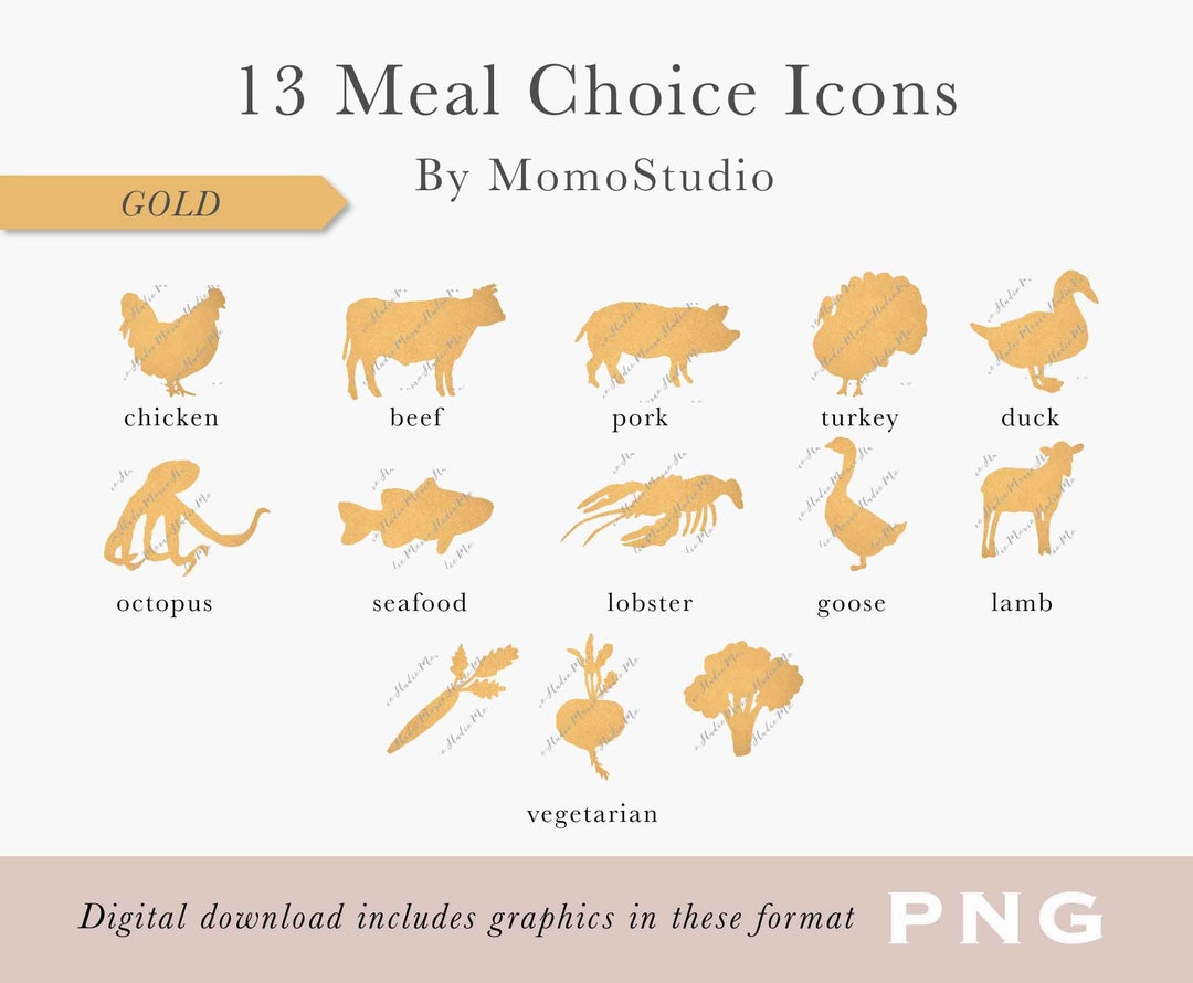 MEAL CHOICE Icons in Gold for RSVP Card, Place Card Beef Vegetarian ...
