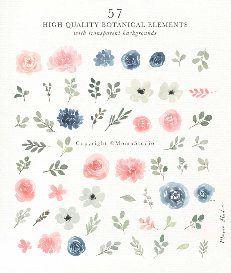 Watercolor BLUSH NAVY Florals Clipart: Spring Greenery Florals | Etsy