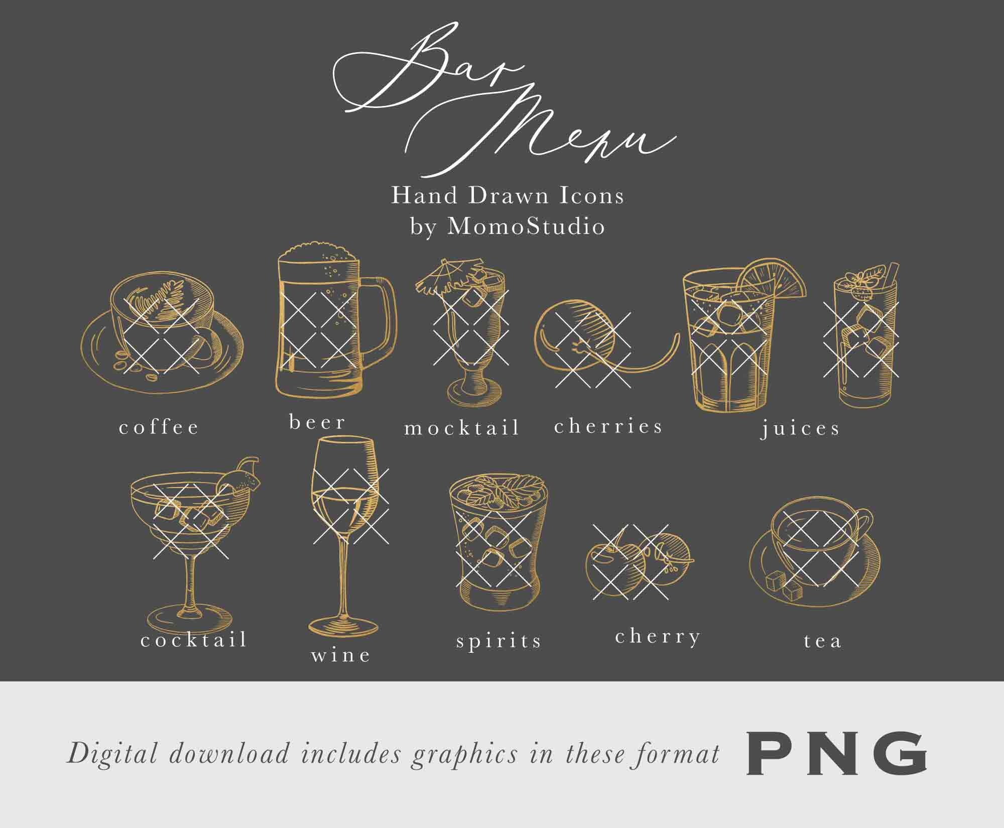 BAR MENU Icons in Gold Beer Cocktail Juice Mocktail Spirits Coffee Tea ...