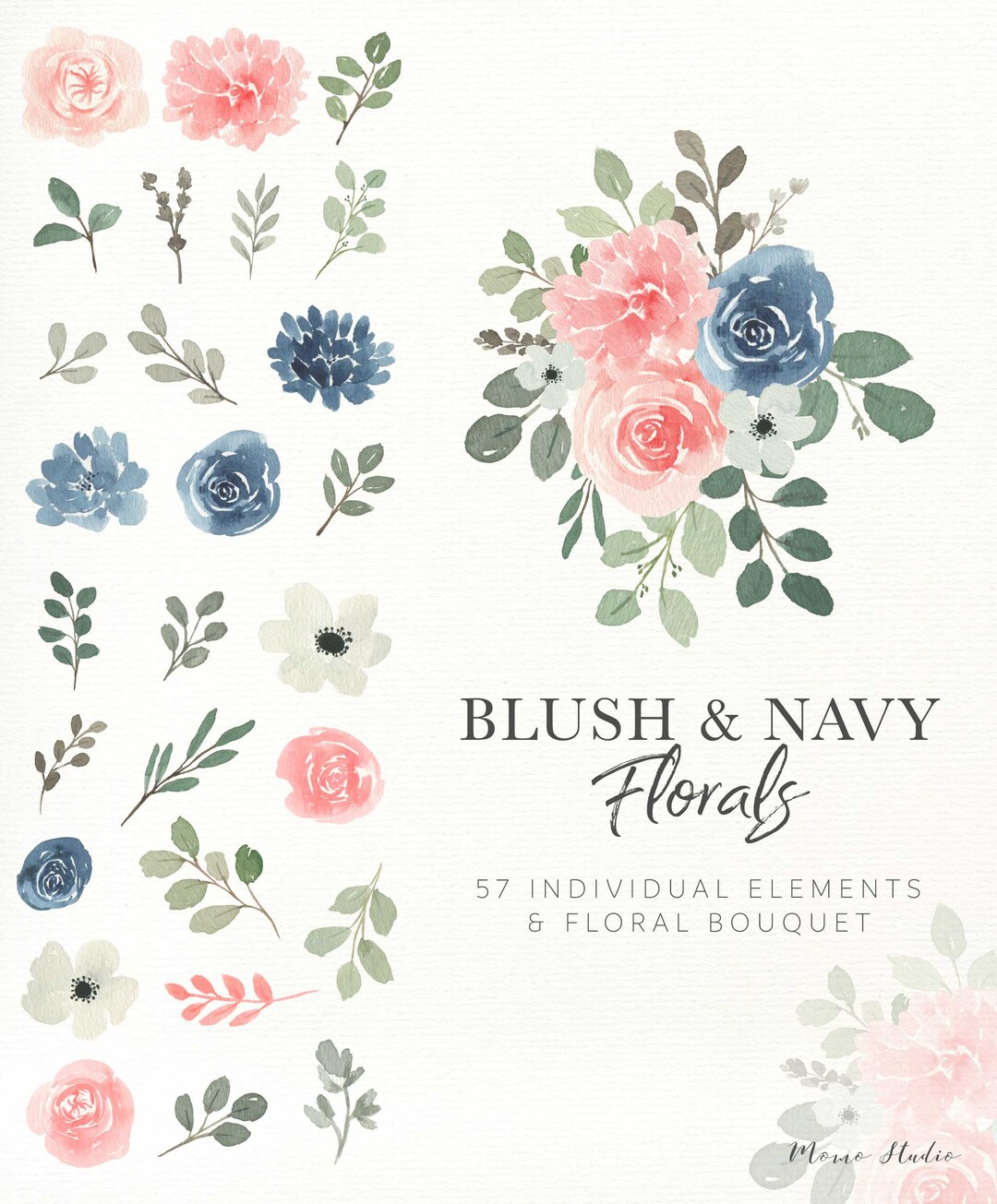 Watercolor BLUSH NAVY Florals Clipart: Spring Greenery Florals PNG ...