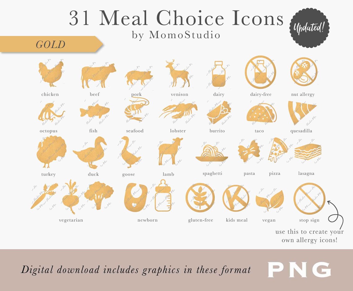 MEAL CHOICE Icon in Gold Beef Vegetarian Vegan Gluten-free Dairy-free ...